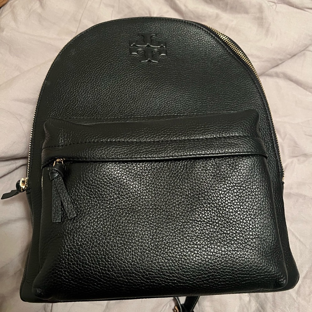 Tory Burch Black Pebbled Leather Large Backpack. - Gem